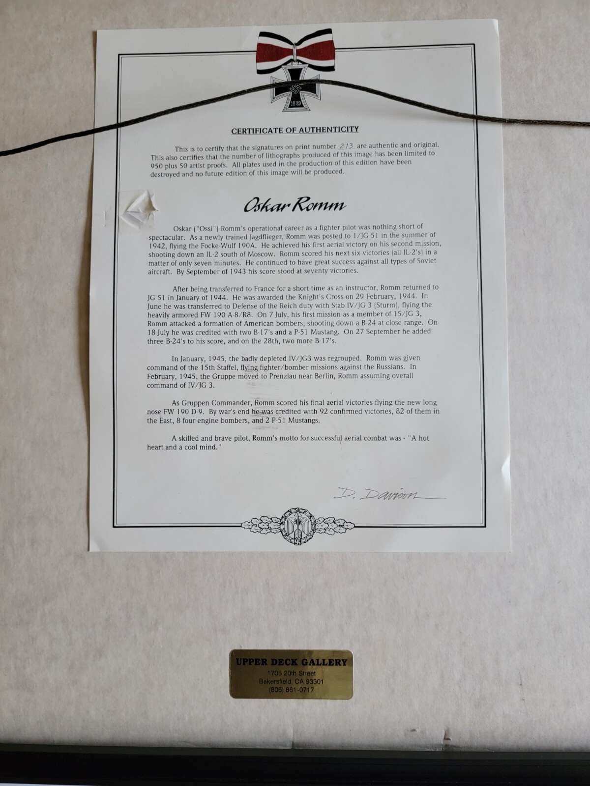 SIGNED BY PILOT AND ARTIST 213/950 OSKAR ROMM FOCKE-WULF Fw 190 D-9 ...