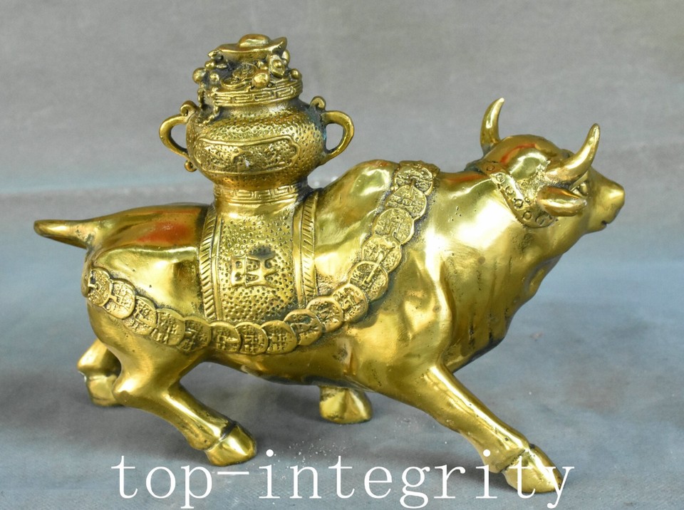 9'' Old China Dynasty Bronze Fengshui Money Coin Yuanbao Cattle Ox Bull ...