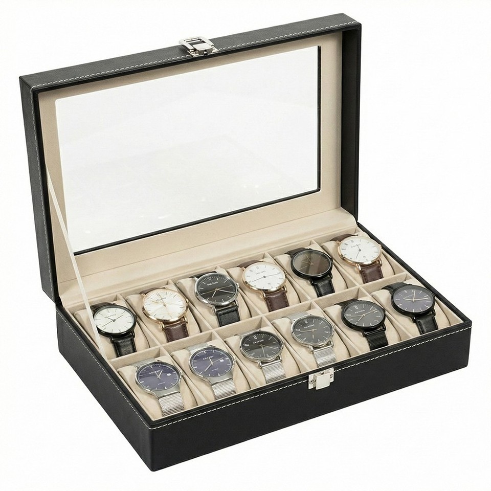 Watch Box 1/2-Tier Solid Watch Display Case Jewelry Storage Box 6/10/12 ...
