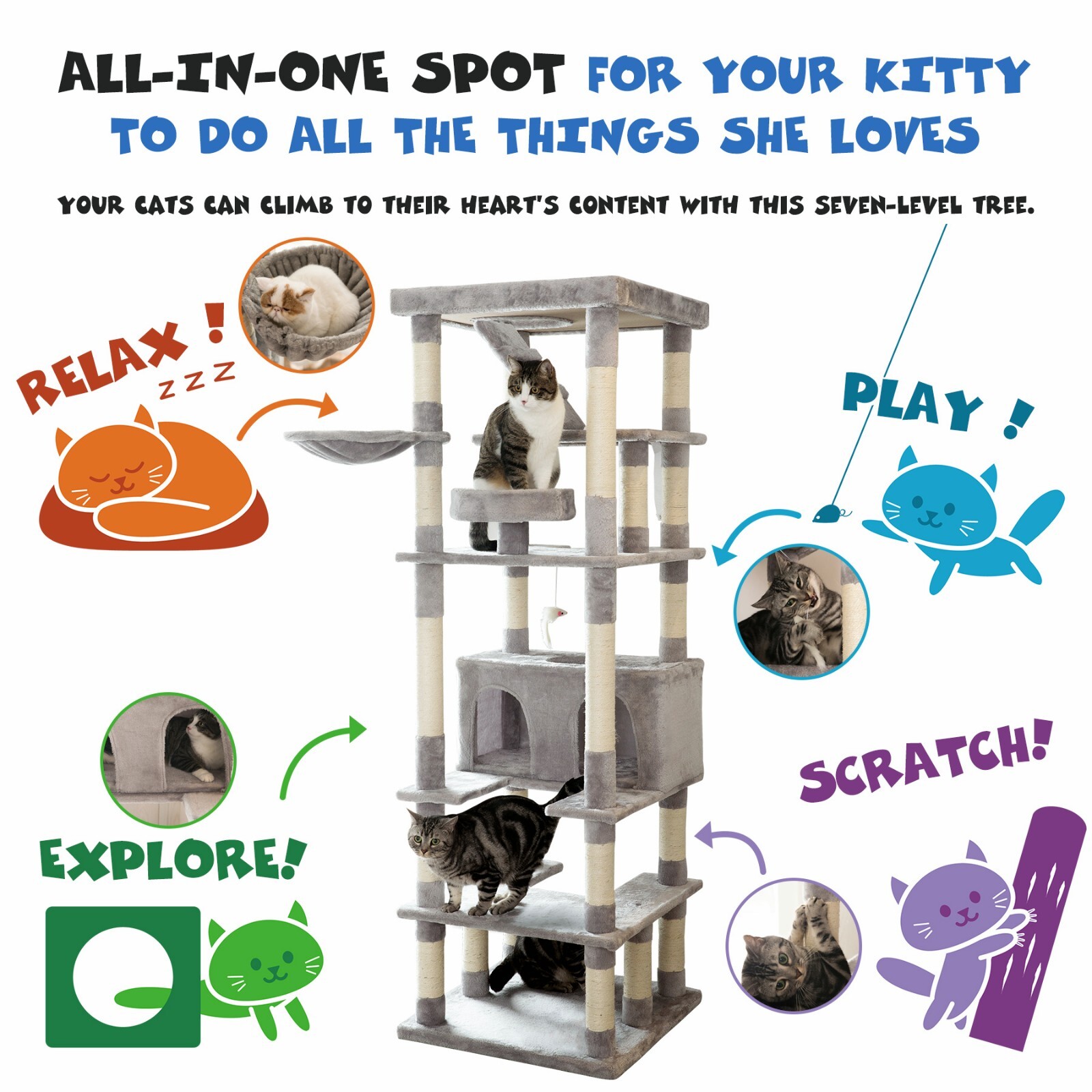 74.8'' Cat Tree Cat Tower Activity Center with Scratching Post Condo ...