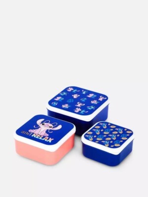DISNEY STITCH & ANGEL 3 SNACK LUNCH BOXES SET BLUE PINK BNWT PRIMARK ...