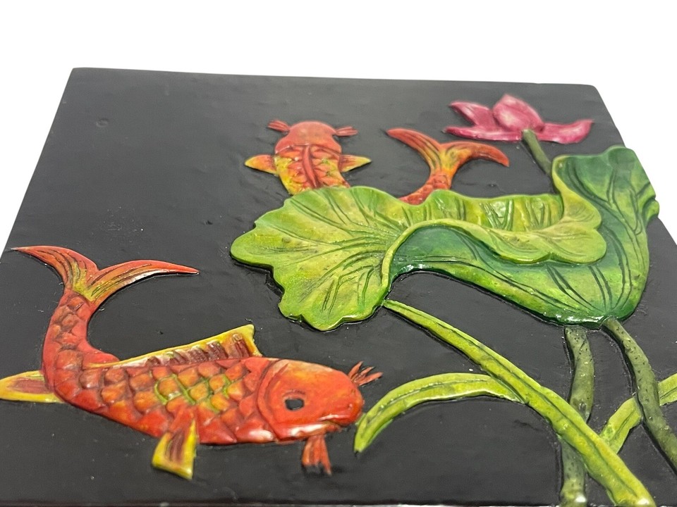 VTG Soapstone Carved Hand Painted Koi Fish Lilly Pad Flower Hinged ...