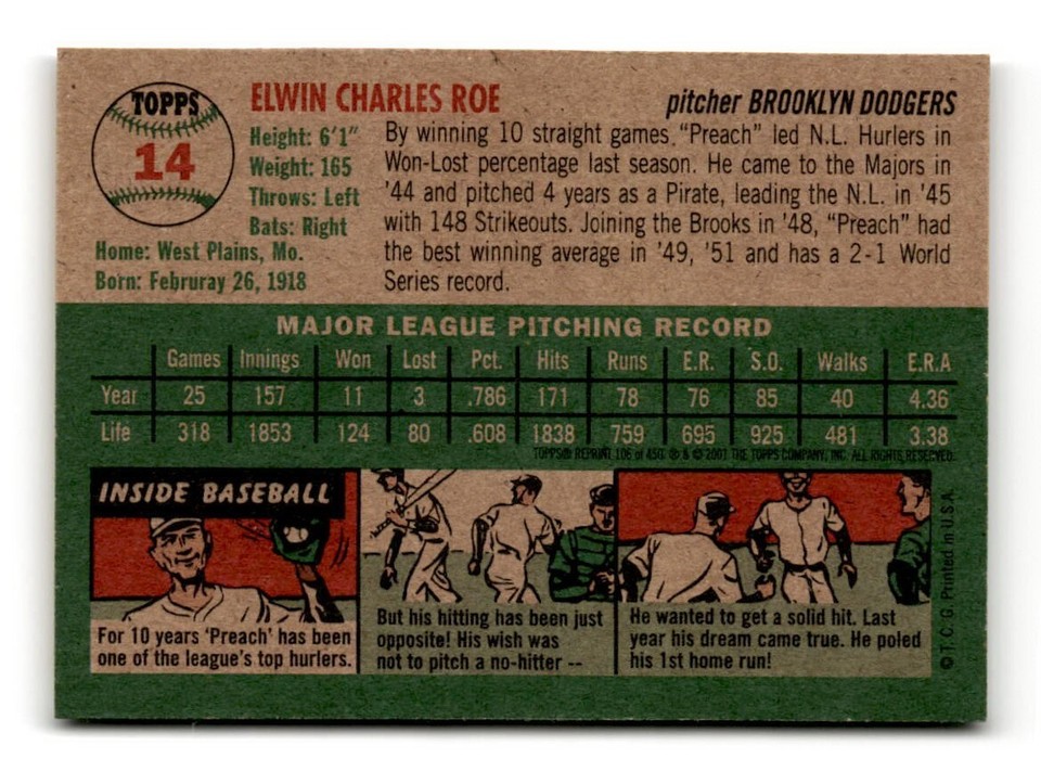 2001 Topps Archives #106 Preacher Roe Reprint 1954 #14 | eBay