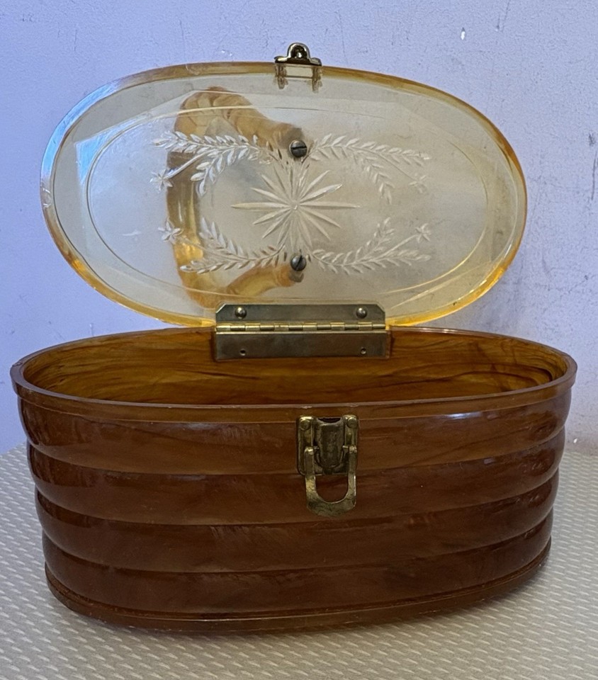 50s vintage Lucite Plastic Box Purse Clear Honey Amber Reverse Carved ...