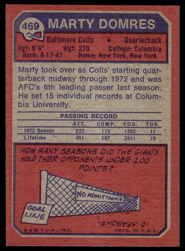1973 TOPPS MARTY DOMRES 2 BALTIMORE COLTS #469 | eBay