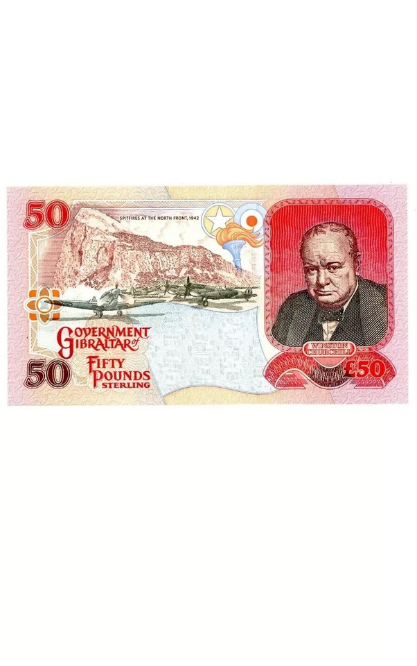 50 Gibraltar pound Banknote. 2006 Series QEII UNC Churchill. 50 Pounds ...