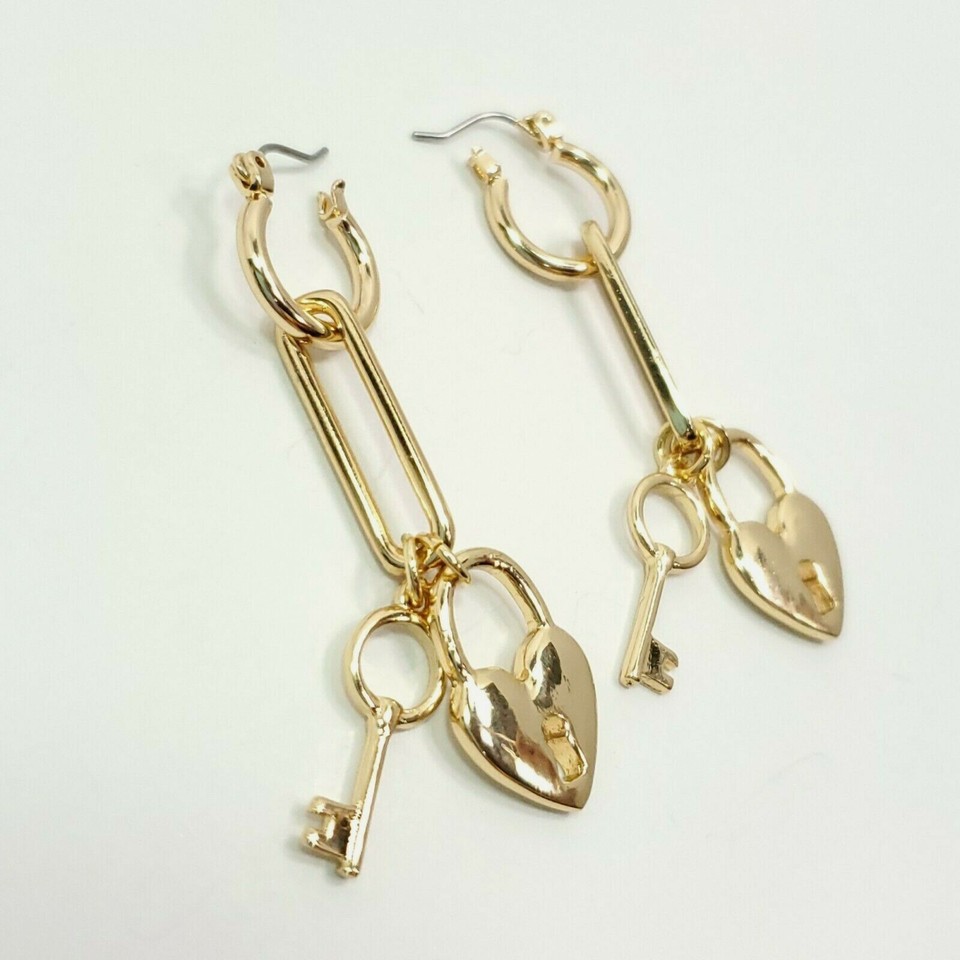 E0402 Gold Tone Metal Lock Key Design Linked Shape Pin Catch Dangle ...