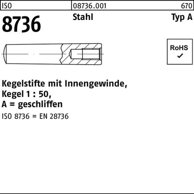 5er PACK(Stk) Kegelstift A 16 x 70 ISO 8736 m.Innengewinde Stahl Kegel ...