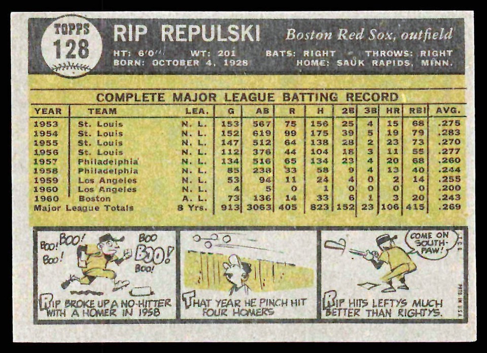 1961 Topps #128 Rip Repulski Boston Red Sox NR-MINT | eBay