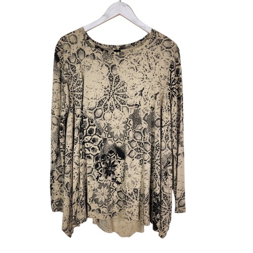 PERUVIAN CONNECTION Top Womens XS/S Black Tan Floral Geo Shirt ...