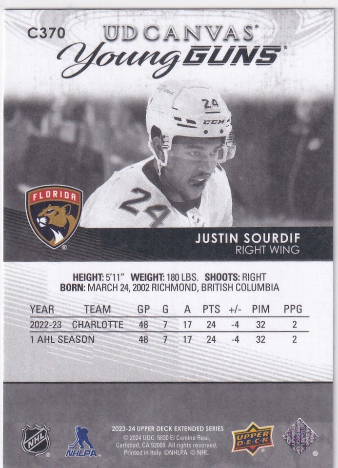 2023-24 UPPER DECK JUSTIN SOURDIF UD CANVAS YOUNG GUNS BLACK & WHITE ...