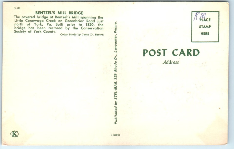 Postcard - Bentzel's Mill Bridge - Pennsylvania | eBay