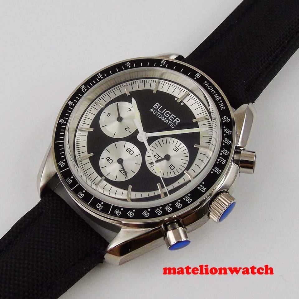 Bliger black 40mm Multifunction Automatic Men's Watch Week Date Leather ...