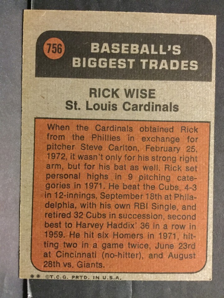 1972 Topps Baseball High Number #756 Rick Wise Cardinals Traded Card ...