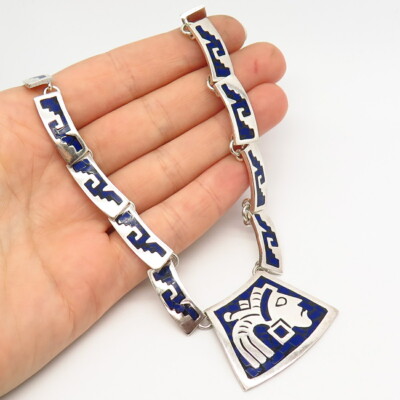 925 Sterling Vintage Mexico Lapis Lazuli Gem Inlay Tribal God Chain ...