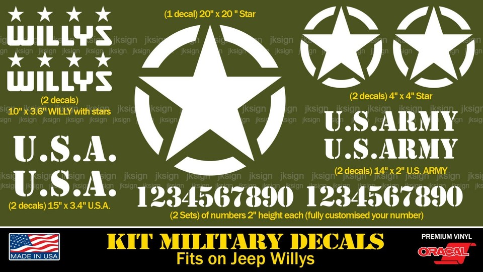 WW2 Set Decals Car Kit Military Restoration USA ARMY FITS ON JEEP JK TJ ...