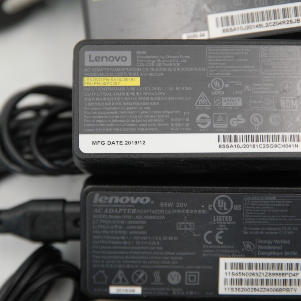 Lot of 20 Mixed Genuine 65W Lenovo Laptop AC Adapters Yellow Square Tip ...