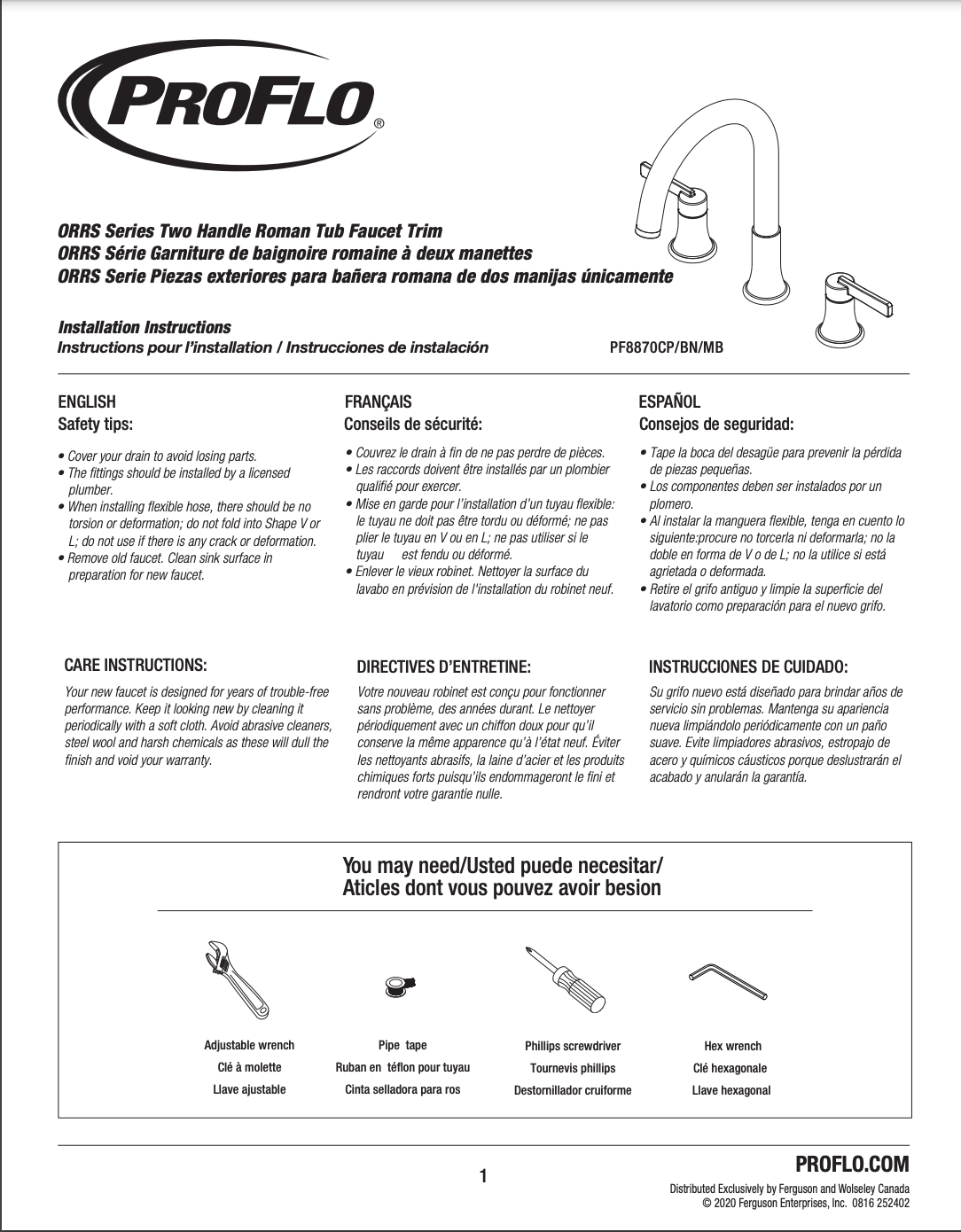 PROFLO Roman Tub Faucet Trim in Brushed Nickel Two Handle ORRS PF8870BN ...