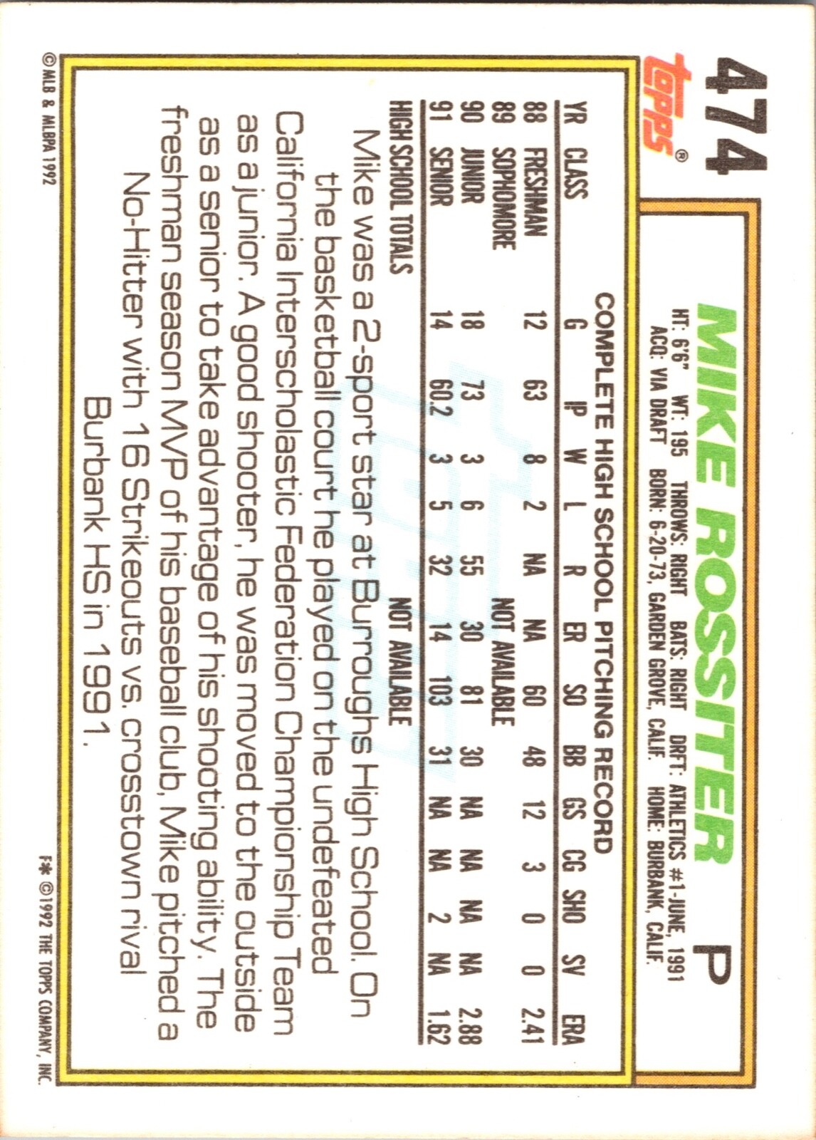 1992 Topps Gold #474 Mike Rossiter Oakland Athletics | eBay