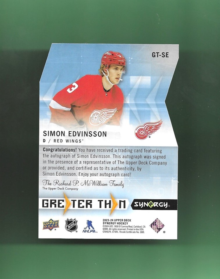 23-24 Synergy ROOKIE AUTO RC GREATER THAN DIE CUT GT-SE SIMON EDVINSSON ...