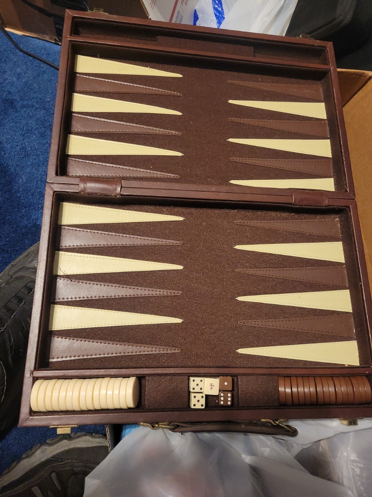 Vintage Backgammon Set in Brown Faux Leather Folding Case No Cups Or ...