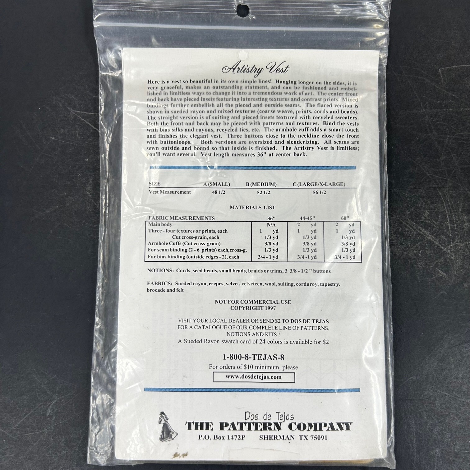 "Artistry Vest" Dos de Tejas Patterns Sewing Craft Pattern # 2017 UNCUT ...