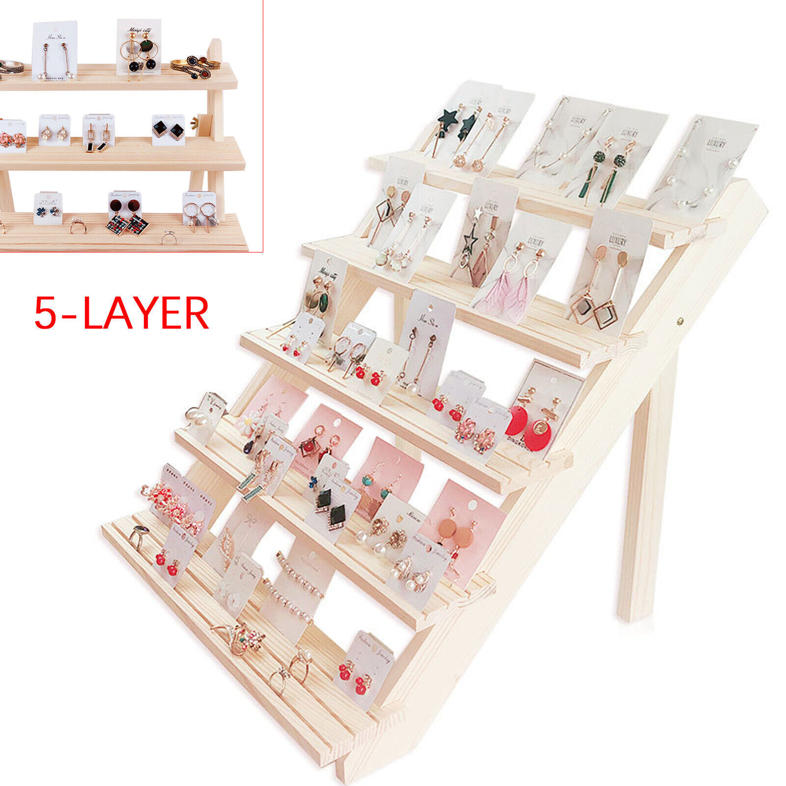New 5-Tier Solid Wooden Jewelry Display Rack Earring Card Display ...