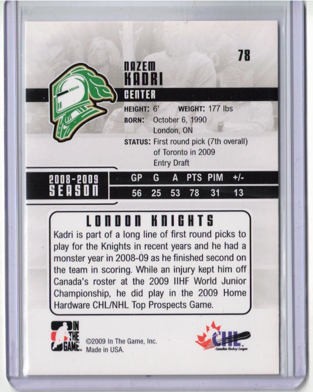 NAZEM KADRI 09/10 ITG Rookie Draft Pick London Knights Hockey Card ...