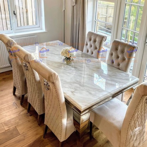1.8m Louis White Marble Chrome Full Dining Table with 6 Cream Velvet Lion Chairs | eBay UK