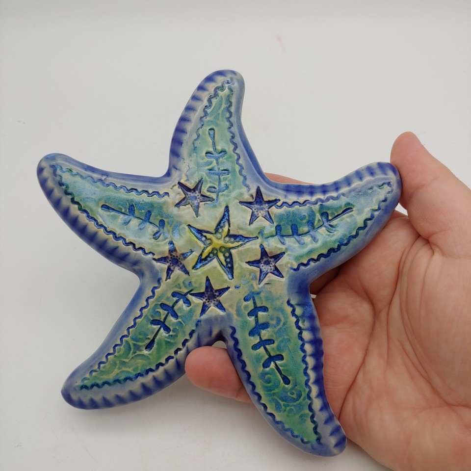 Handmade Signed Pottery Starfish Wall Hanging 6" Blue Green Beach Ocean ...