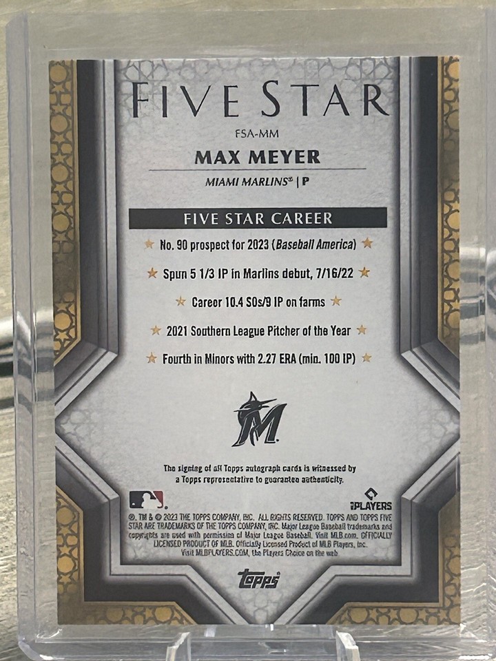 2023 Topps Five Star MAX MEYER Auto ON CARD AUTO MIAMI MARLINS 1/1 ...