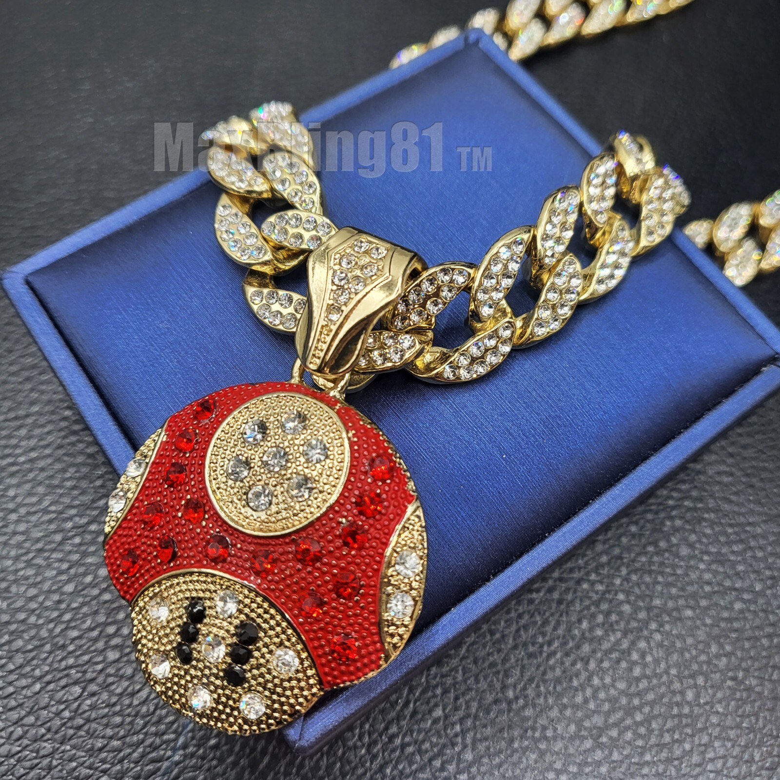 Mario Mushroom Pendant & Iced Cubic Zirconia Gold Plated Chain Hip Hop ...