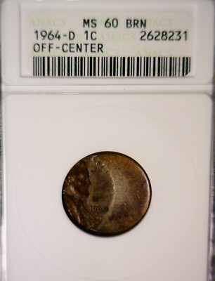 1964d ANACS MS60 OFF CENTER ERROR Lincoln Cent BU + O/C Coin 1964 D ...
