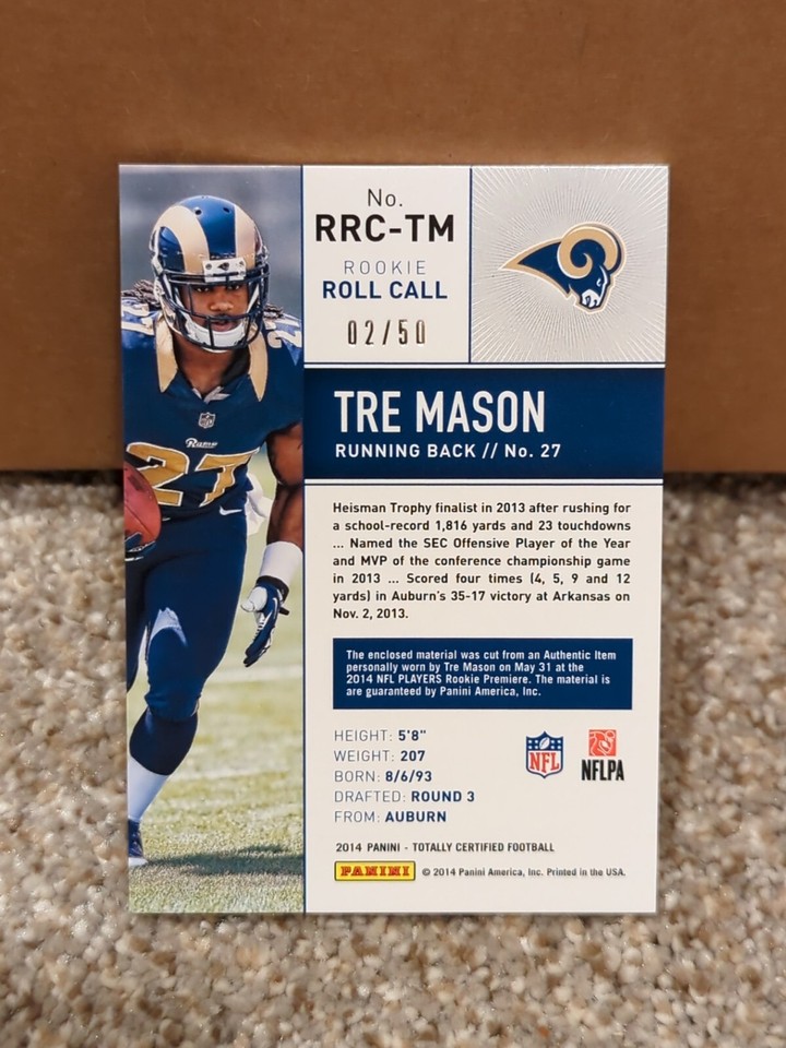 2014 Totally Certified Tre Mason Rookie Roll Call Jerseys Card LA Rams ...
