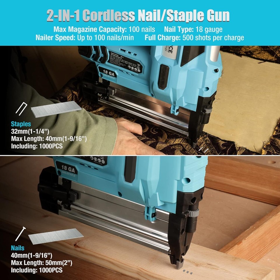 DURATECH 2 IN 1 Cordless Brad Nailer Battery Powered 18 GA Nail Battery ...