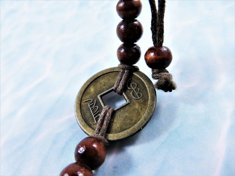 Handcrafted Brown String Bracelet Wooden Beads Faux Asian Coin ...
