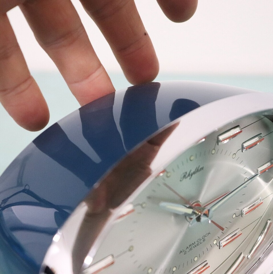 RHYTHM 51141 TOP! Clock Mantel Alarm Vintage Space Age Blue CHROME Desk ...