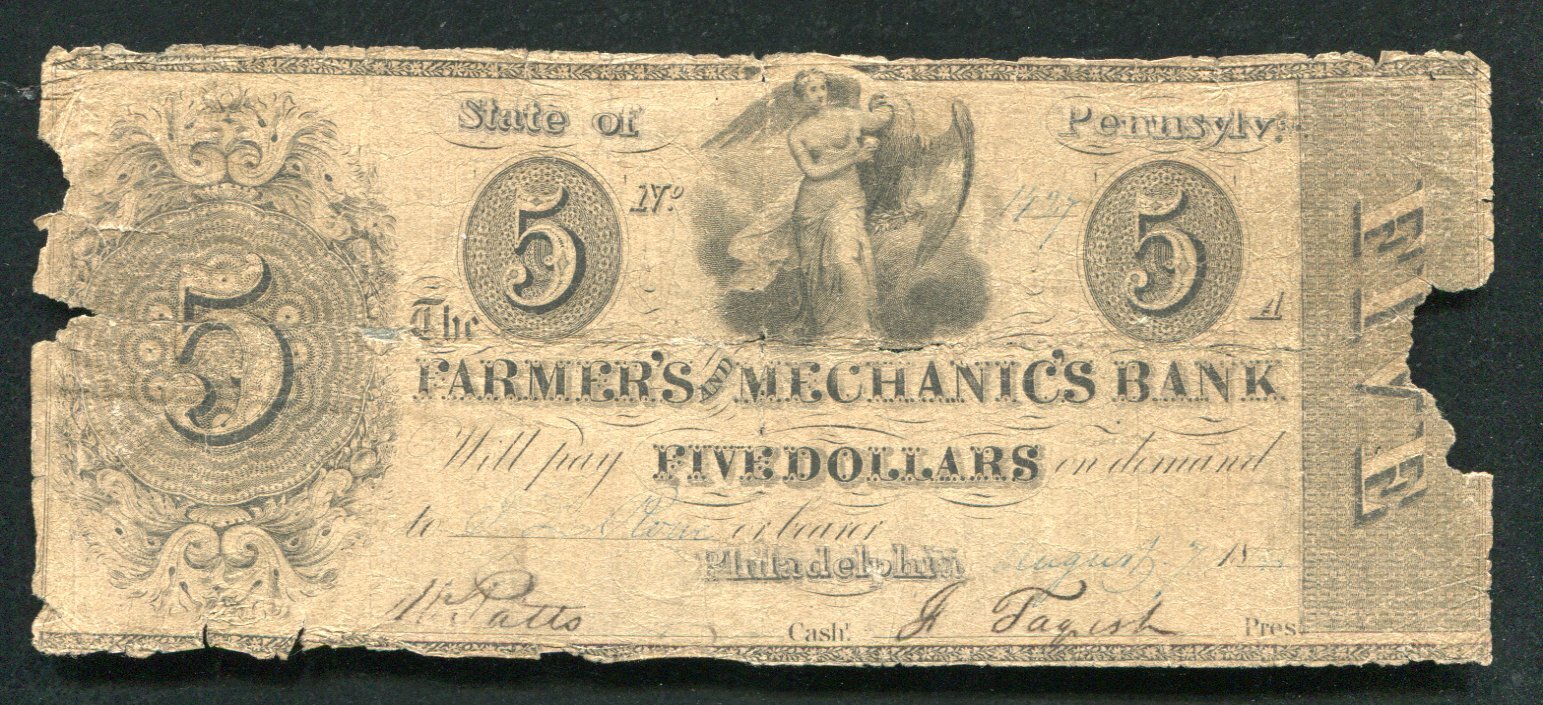 1800’s $5 THE FARMER’S & MECHANIC’S BANK PHILADELPHIA, PA OBSOLETE ...