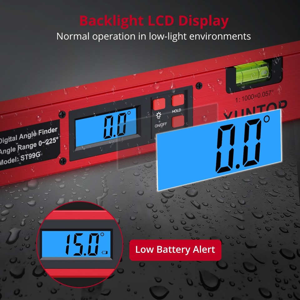 0-225°/0.5° Digital Angle Finder 16” Aluminum Angle Measuring Tool with ...