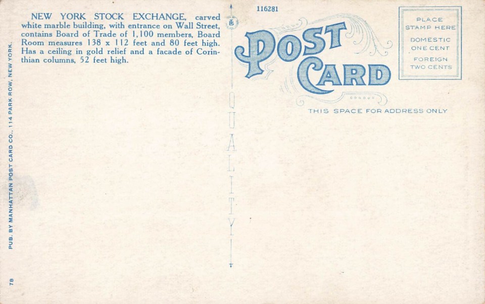 Postcard N.Y. Stock Exchange, New York City, Manhattan Post Card Co ...