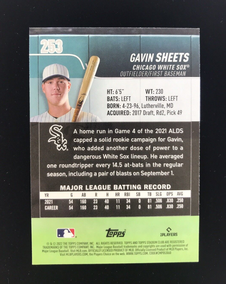 Gavin Sheets Rookie Sepia Parallel 2022 Topps Stadium Club #253 White ...
