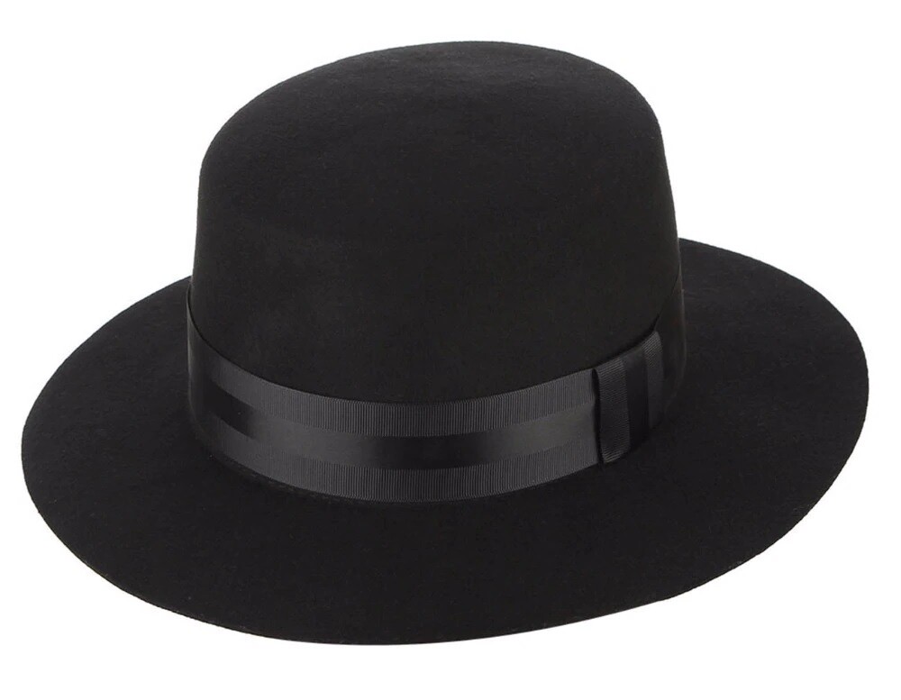 Men's Black Fedora Hat Wool Felt Wide Brim Sash Band Jewish Hasidic ...