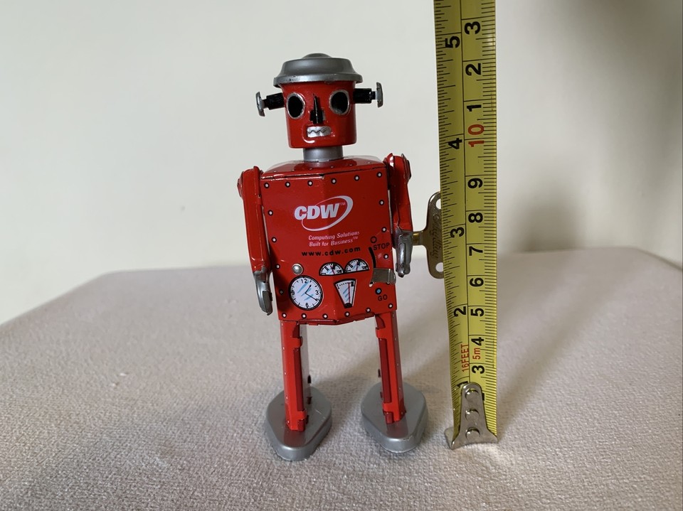 Vtg ATOMIC MAN ROBOT Red Wind Up Tin Toy W/key CDW Advertising ...