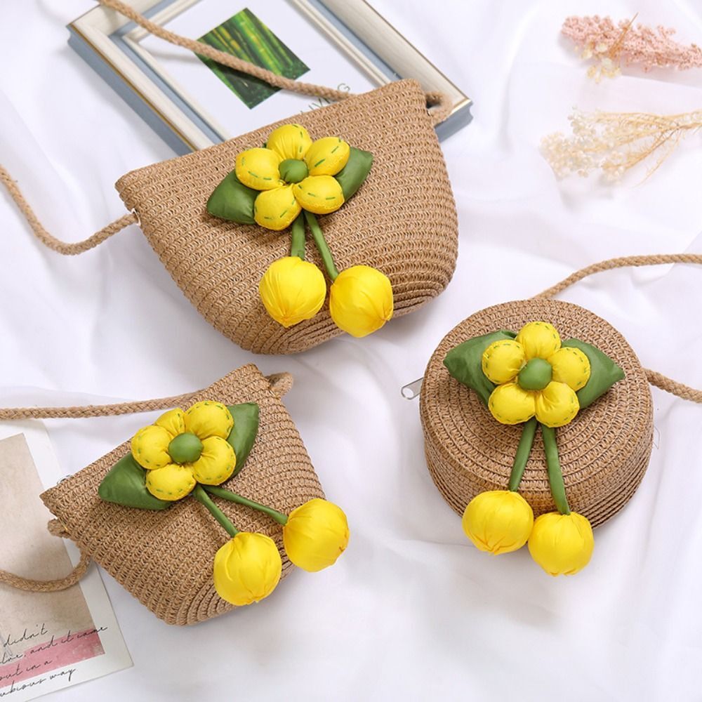 Handmade Woven Kid Beach Bags Flower Storage Basket Cute Girl Straw Bag ...