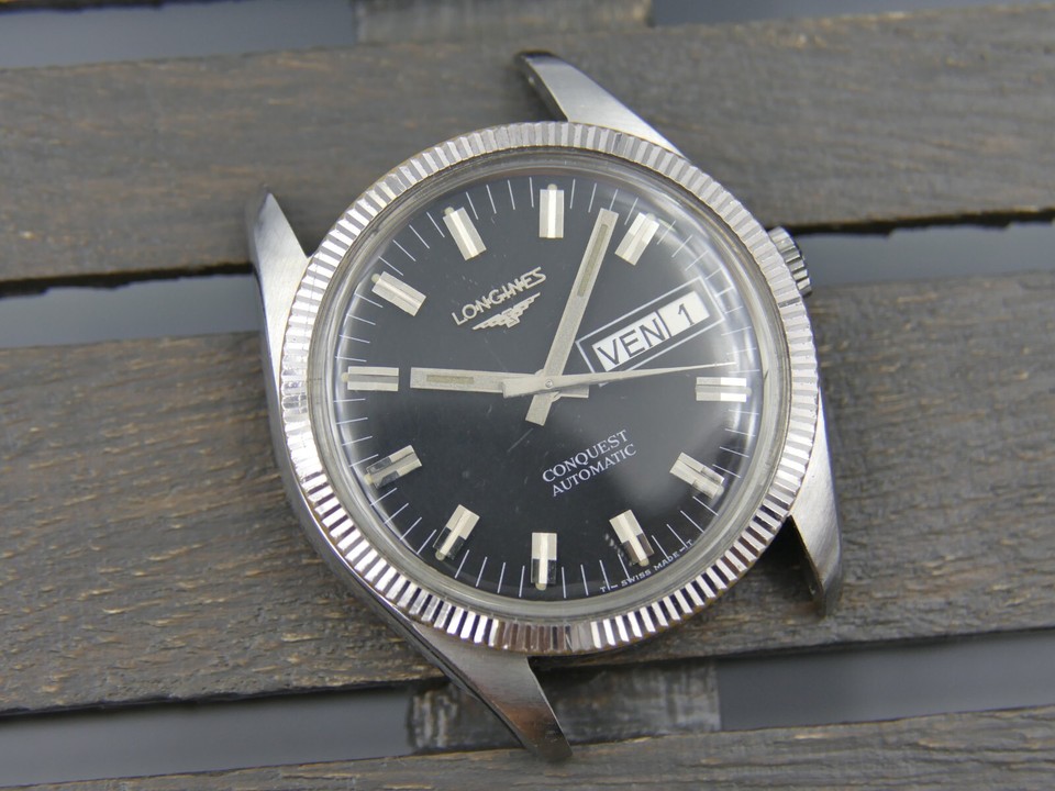 70s vintage mens Longines Conquest 1567-1 / 7971 automatic L636.1 black ...