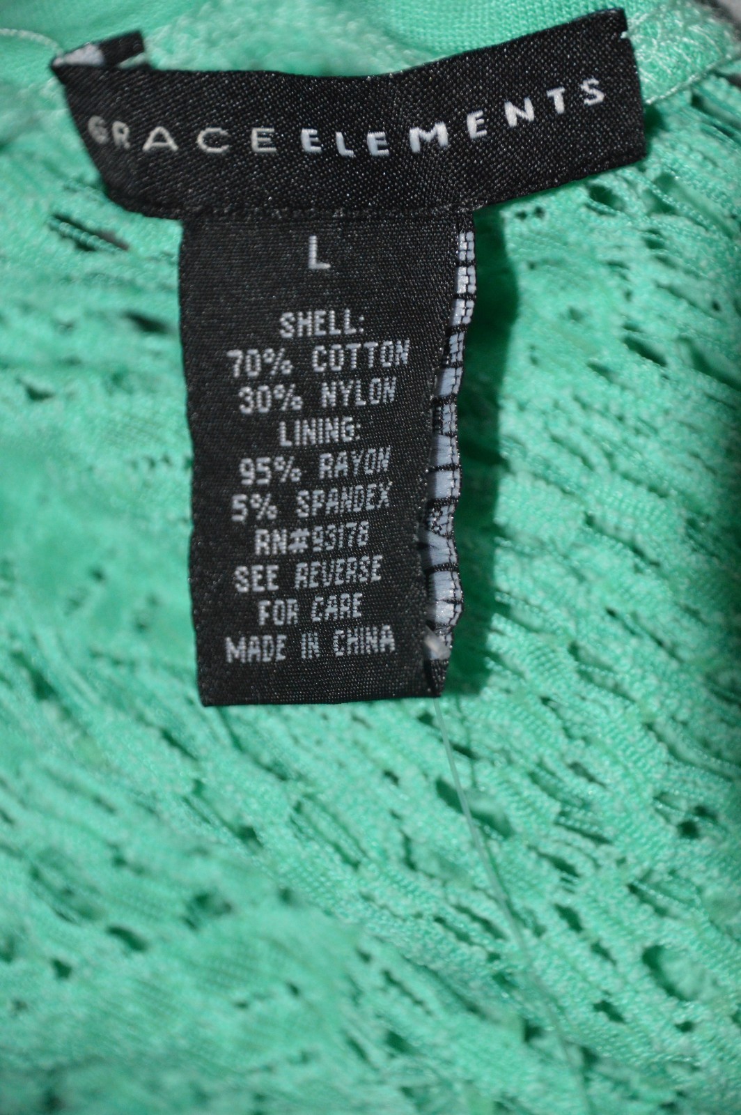 Grace Elements Womens Large Mint Green 3/4 Sleeve Crochet Tank Shirt ...