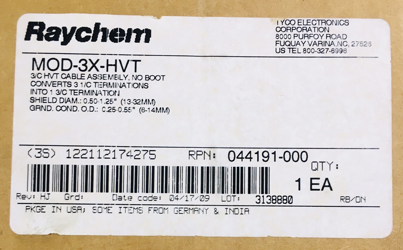 RAYCHEM MOD-3X-HVT POWER CABLE HIGH VOLTAGE TERMINATION MODIFICATION ...