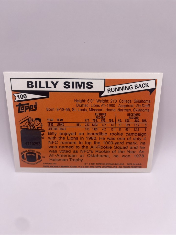 2001 TOPPS ARCHIVES BILLY SIMS 1981 LIONS RC CERTIFIED AUTOGRAPH CARD ...