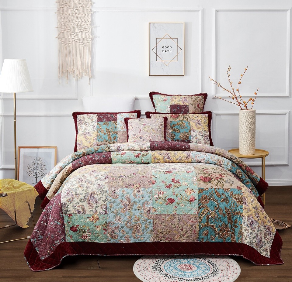 DaDa Bedding Burgundy Red Velvet Floral Roses Patchwork Cotton ...
