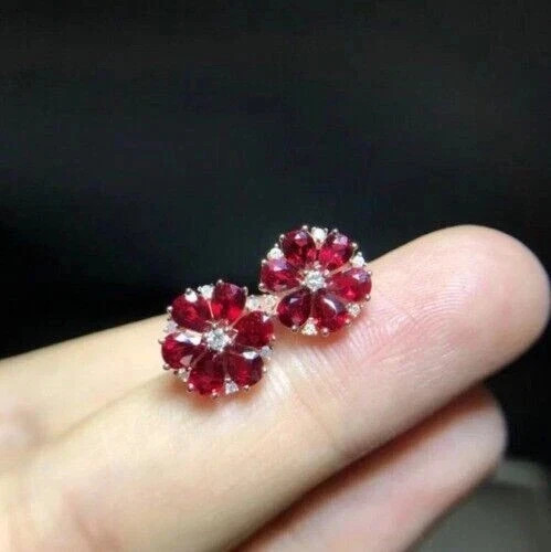Pear Cut Lab Created Red Ruby & Diamond Flower Mini Stud Earrings 925 ...